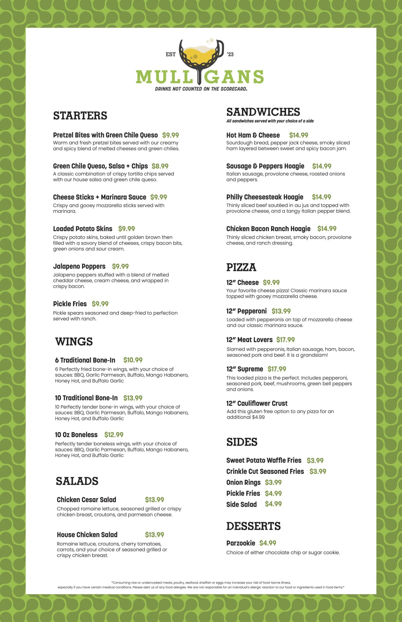 Menu - Mulligan's Golf Bar