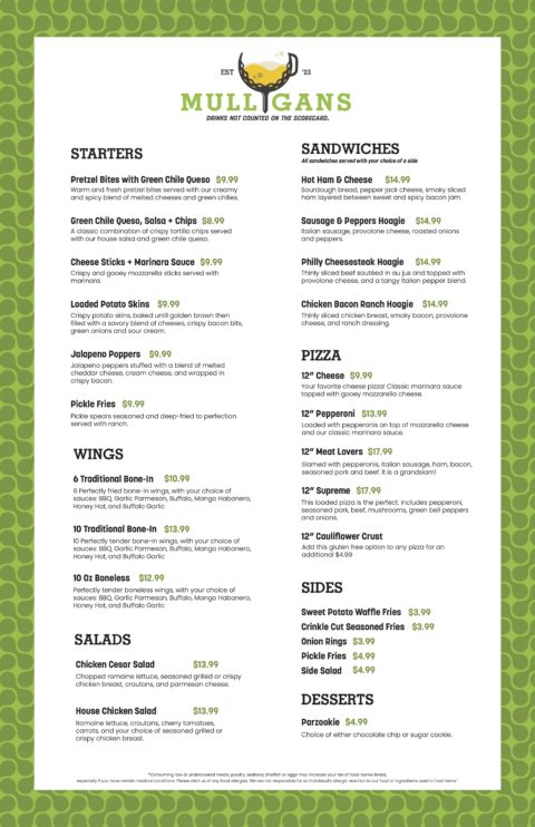 Menu - Mulligan's Golf Bar