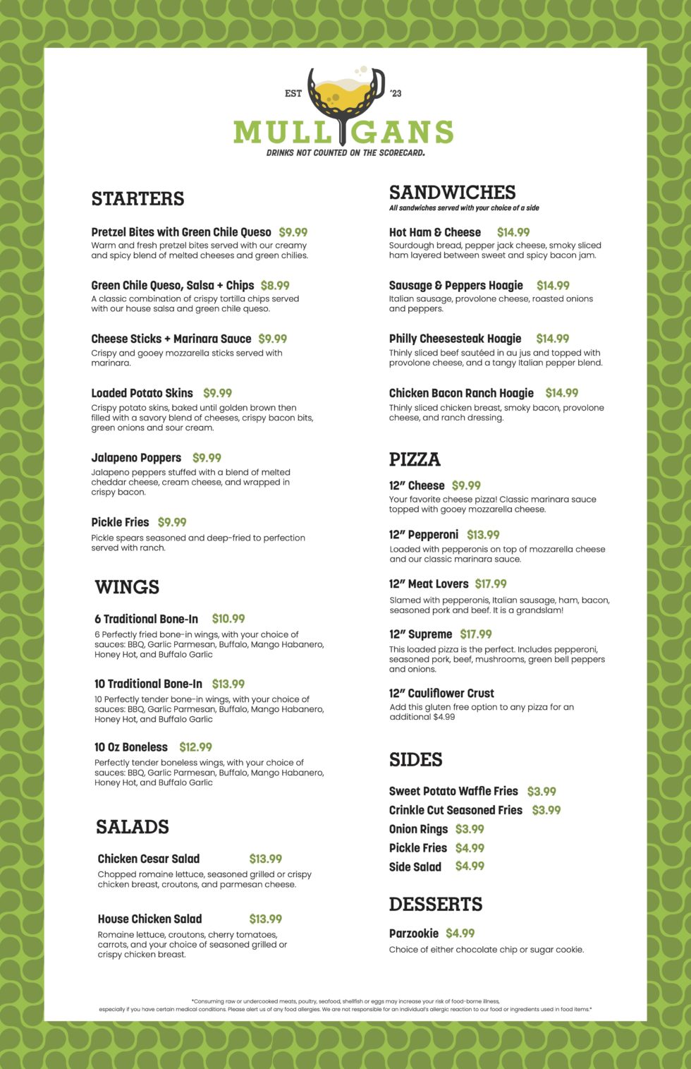 Menu - Mulligan's Golf Bar