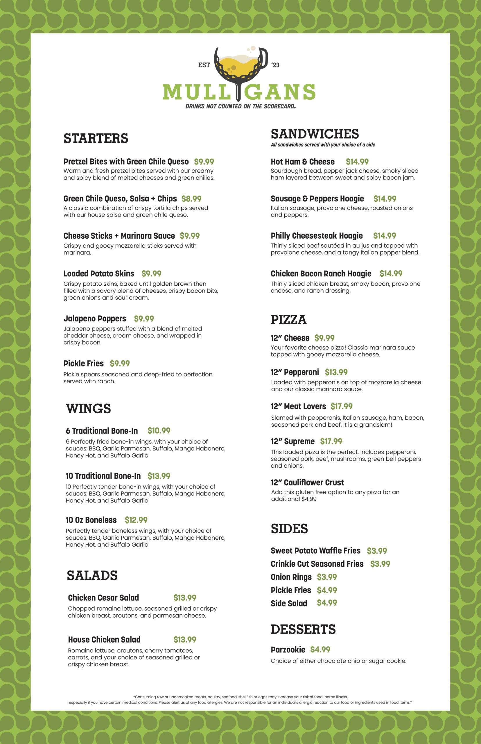 Menu - Mulligan's Golf Bar
